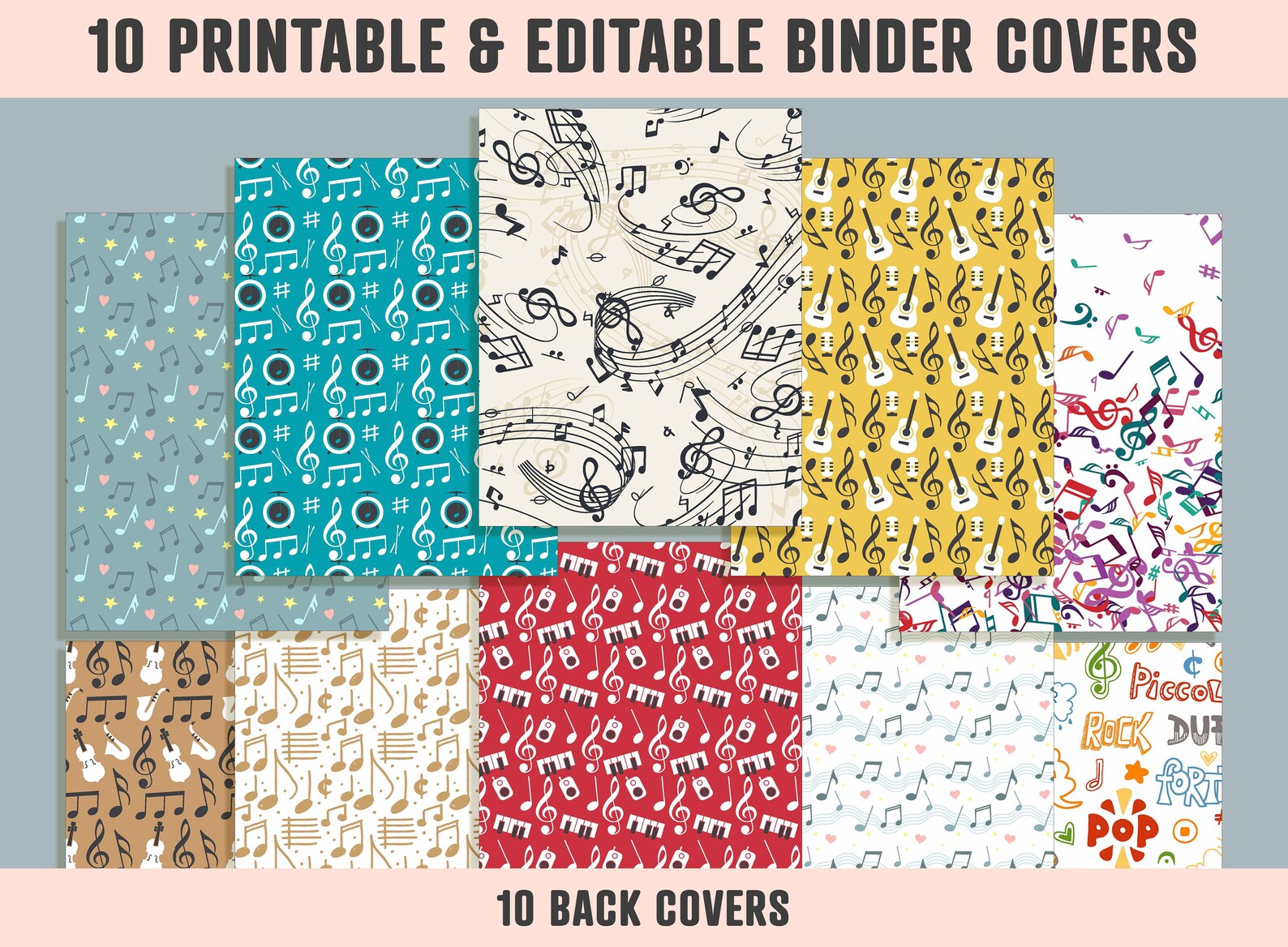 Musical Notes Binder Cover, 10 Printable/editable Coversspines, Teacher ...