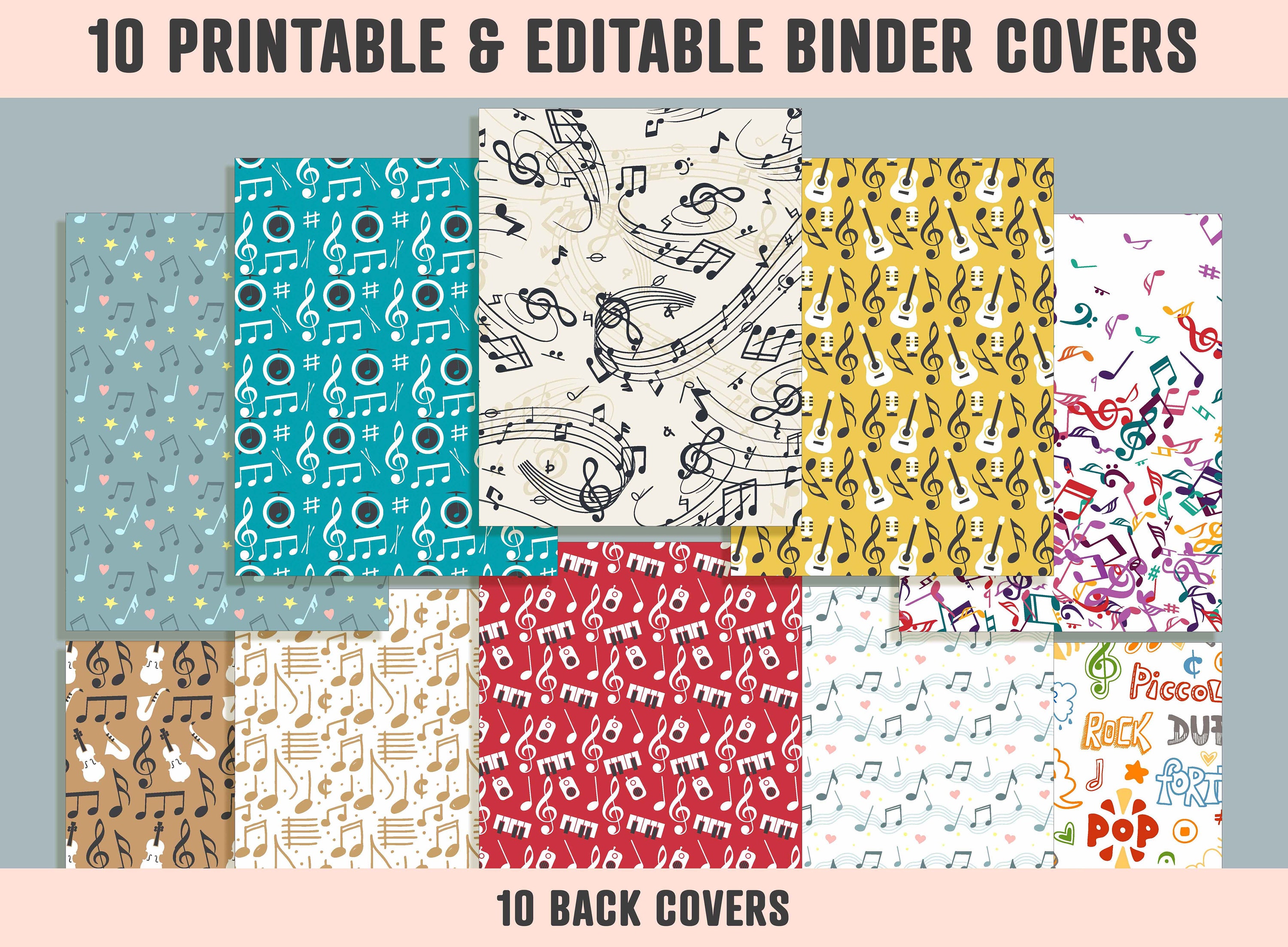 Musical Notes Binder Cover, 10 Printable/editable Coversspines, Teacher ...