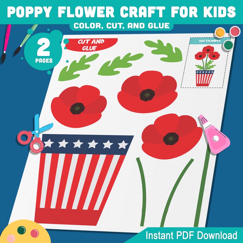 Poppy Flower Craft for Kids, Color, Cut and Glue for Veterans ...