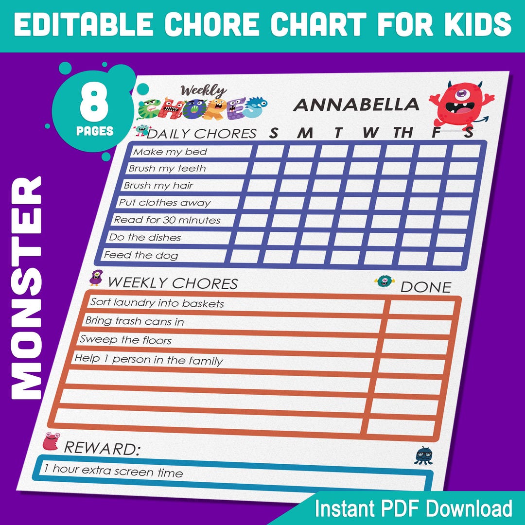 Monster-themed Chore Chart for Kids – Fun and Editable Responsibility ...