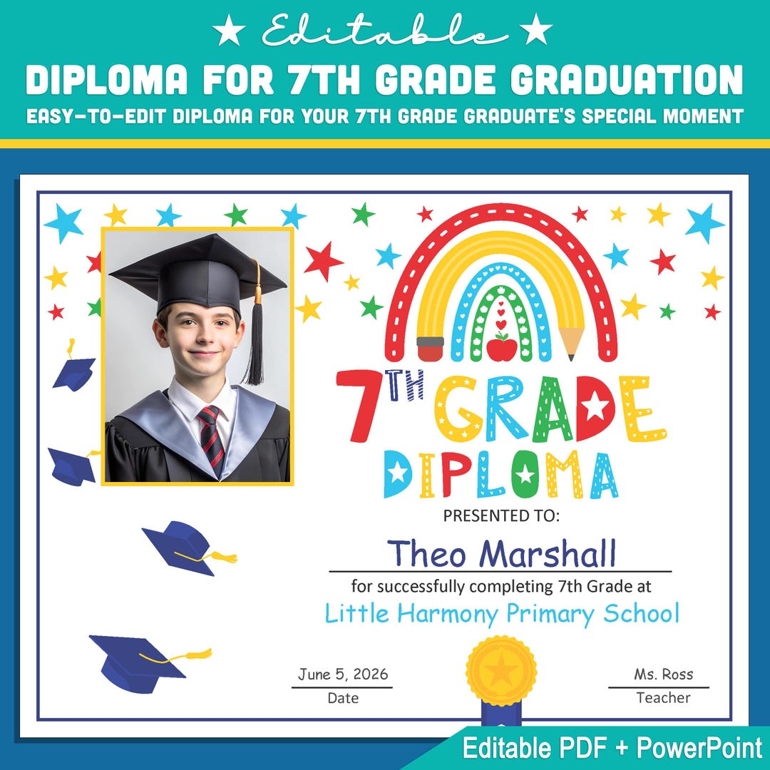 Editable 7th Grade Graduation Diploma Template With Photo: Letter Size ...
