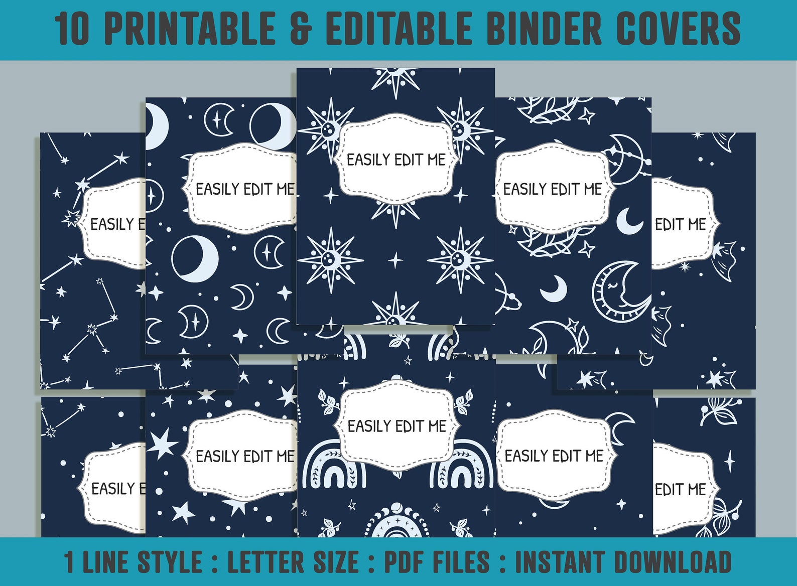 Moon, Rainbow, Stars Binder Cover, 10 Printable & Editable Binder ...