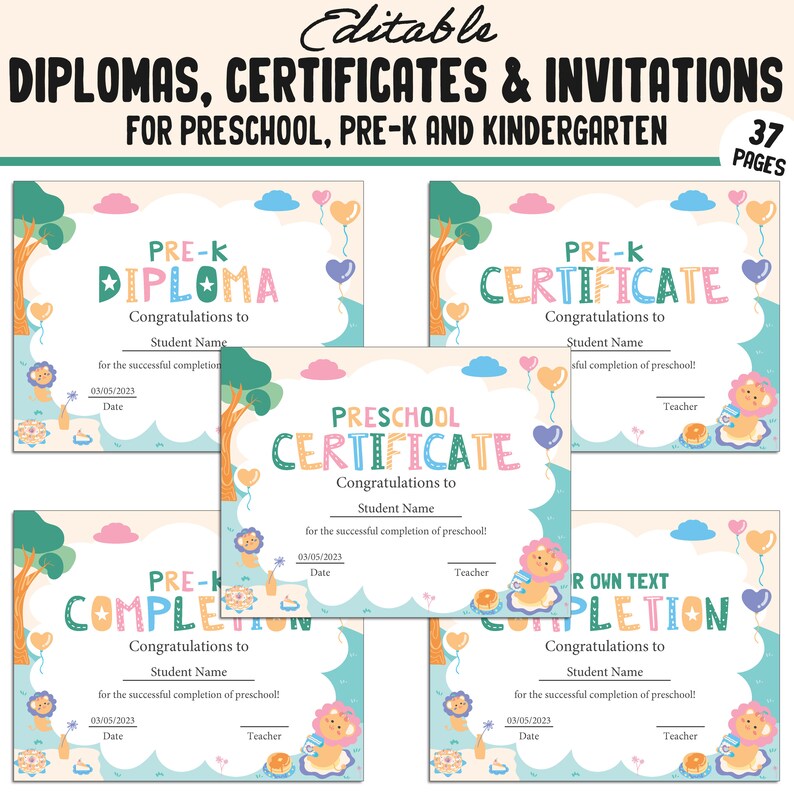Editable Kindergarten, Prek, Preschool Diplomas, Certificates ...