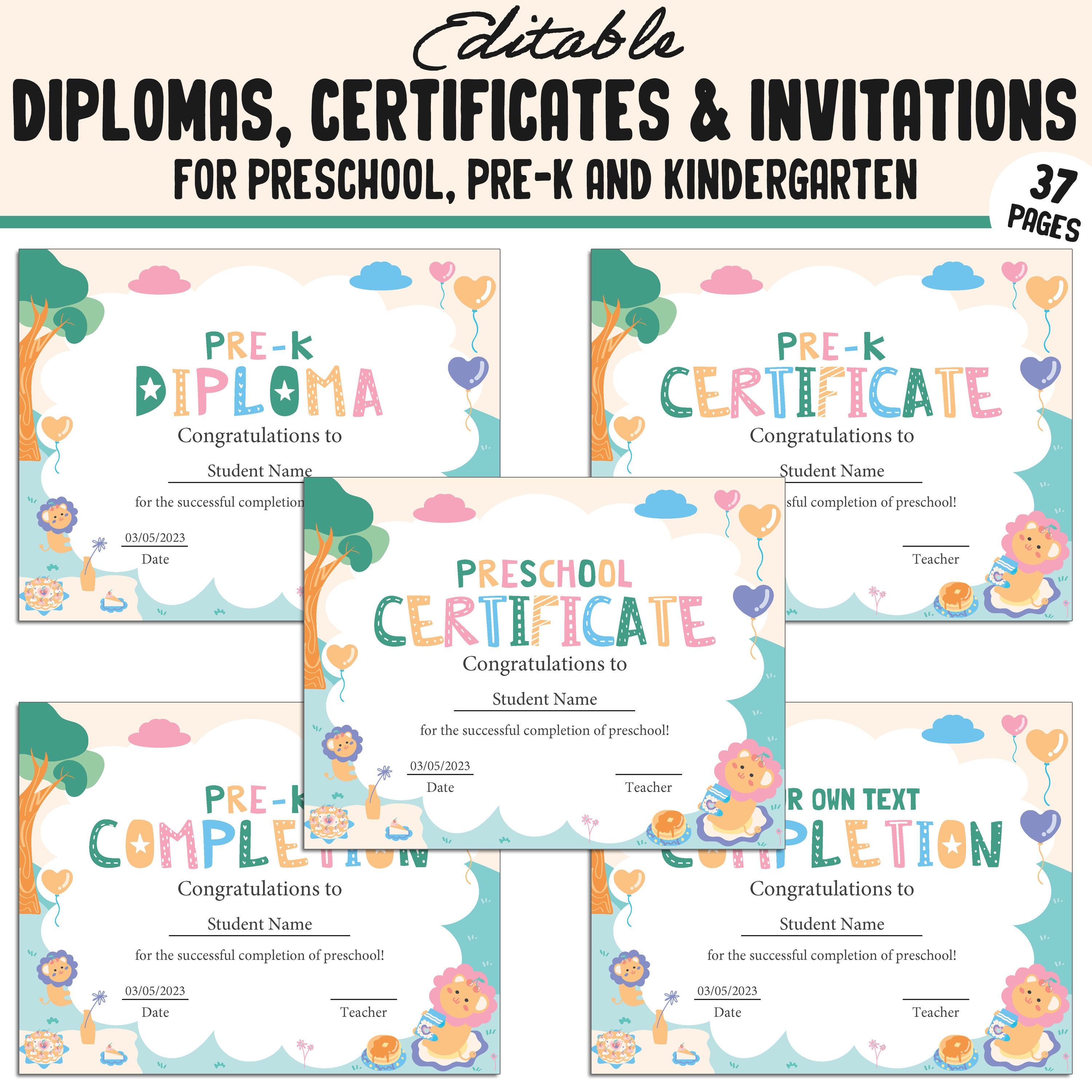 Editable Kindergarten, Prek, Preschool Diplomas, Certificates ...