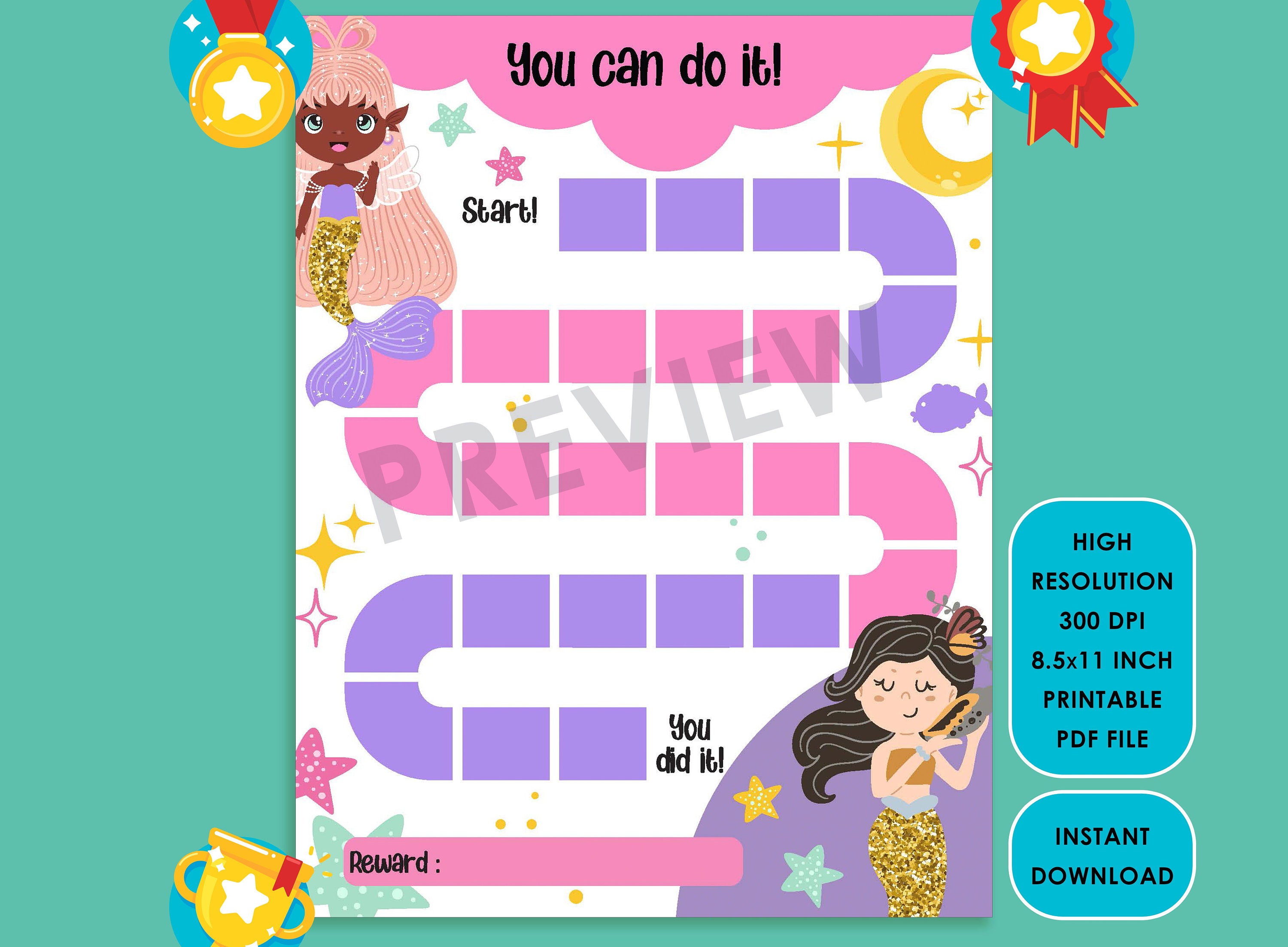 Printable Cute Mermaid Reward Chart for Kids, a Way of Guiding Children ...