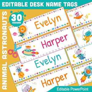 Editable Desk Name Tags for Students: Animal Astronauts, 30 Designs, 8. ...