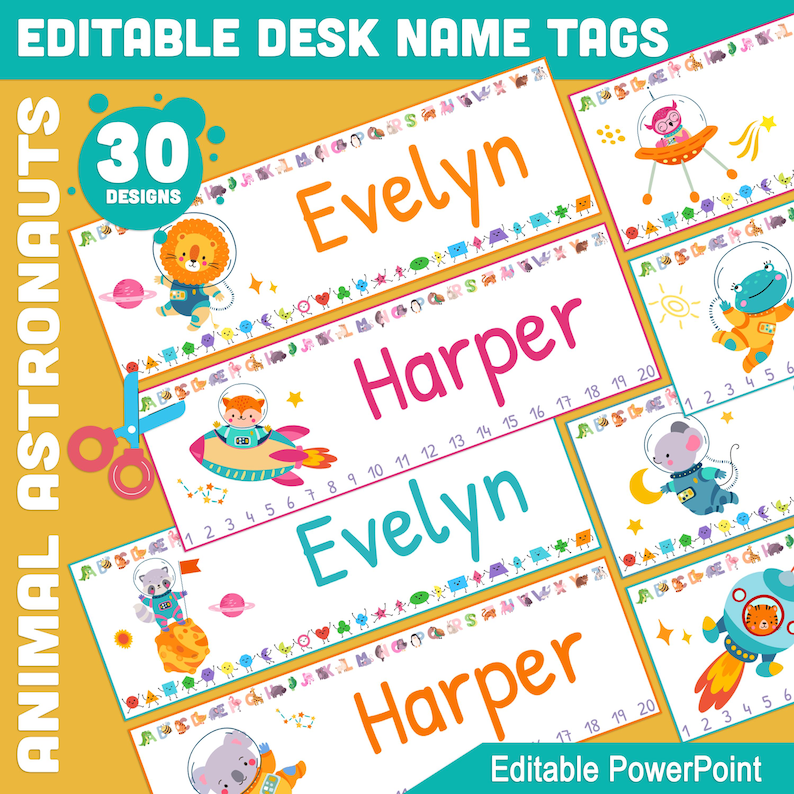 Editable Desk Name Tags for Students: Animal Astronauts, 30 Designs, 8. ...