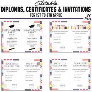 Editable 2nd Grade Diplomas, 1st-8th Grade Certificates, and Invitation ...