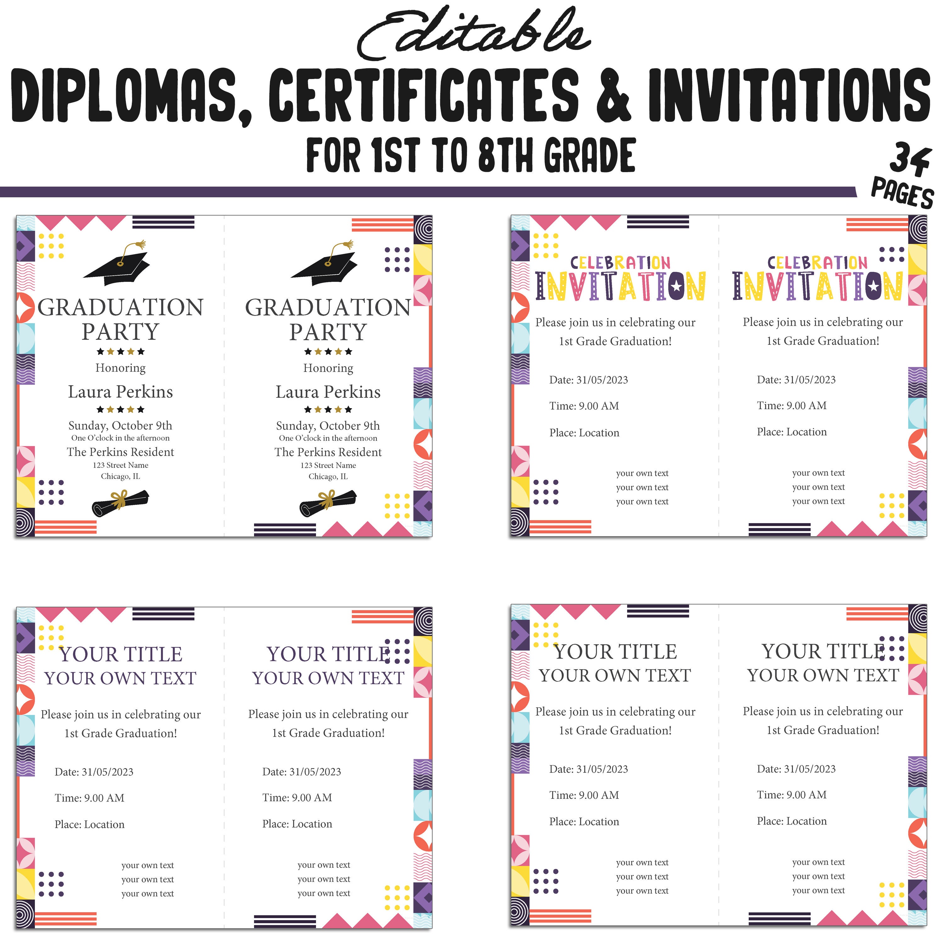 Editable 2nd Grade Diplomas, 1st-8th Grade Certificates, and Invitation ...