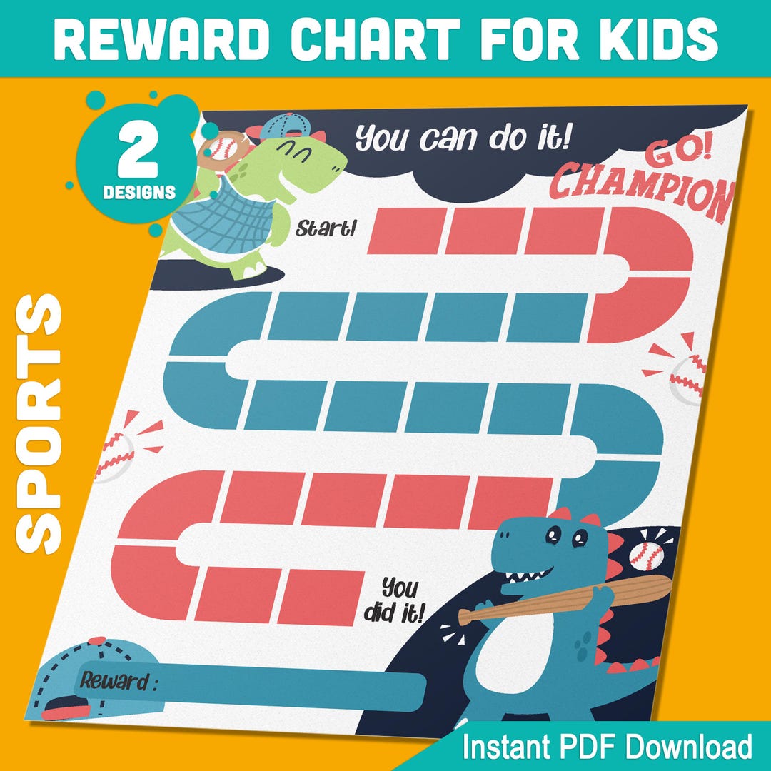 Printable Dinosaur Playing Sports Reward Chart for Kids: 2 Exciting ...