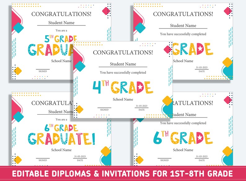 Editable 6th Grade Certificate, 1st to 8th Grade Diploma, Certificate ...