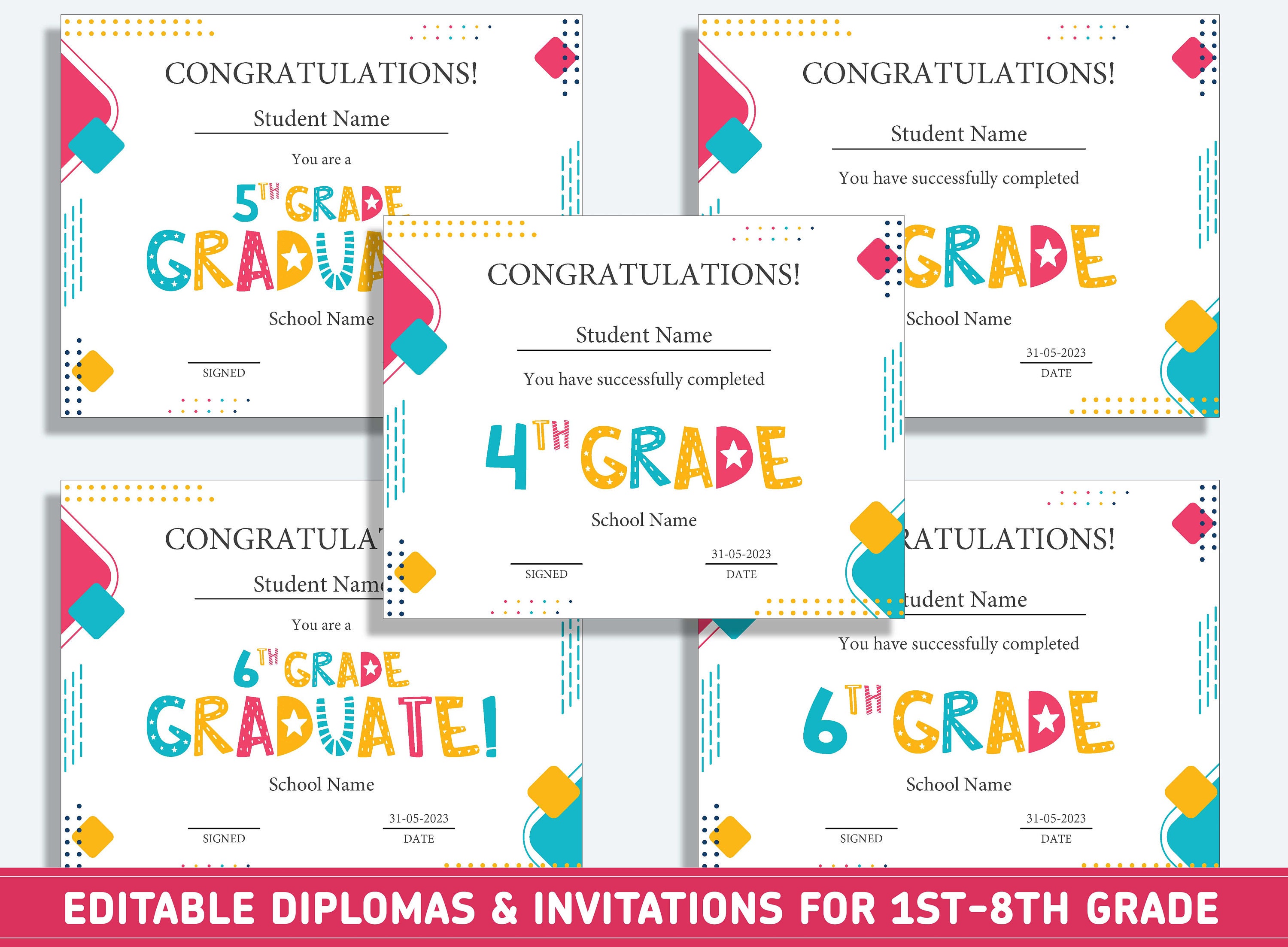 Editable 6th Grade Certificate, 1st to 8th Grade Diploma, Certificate ...