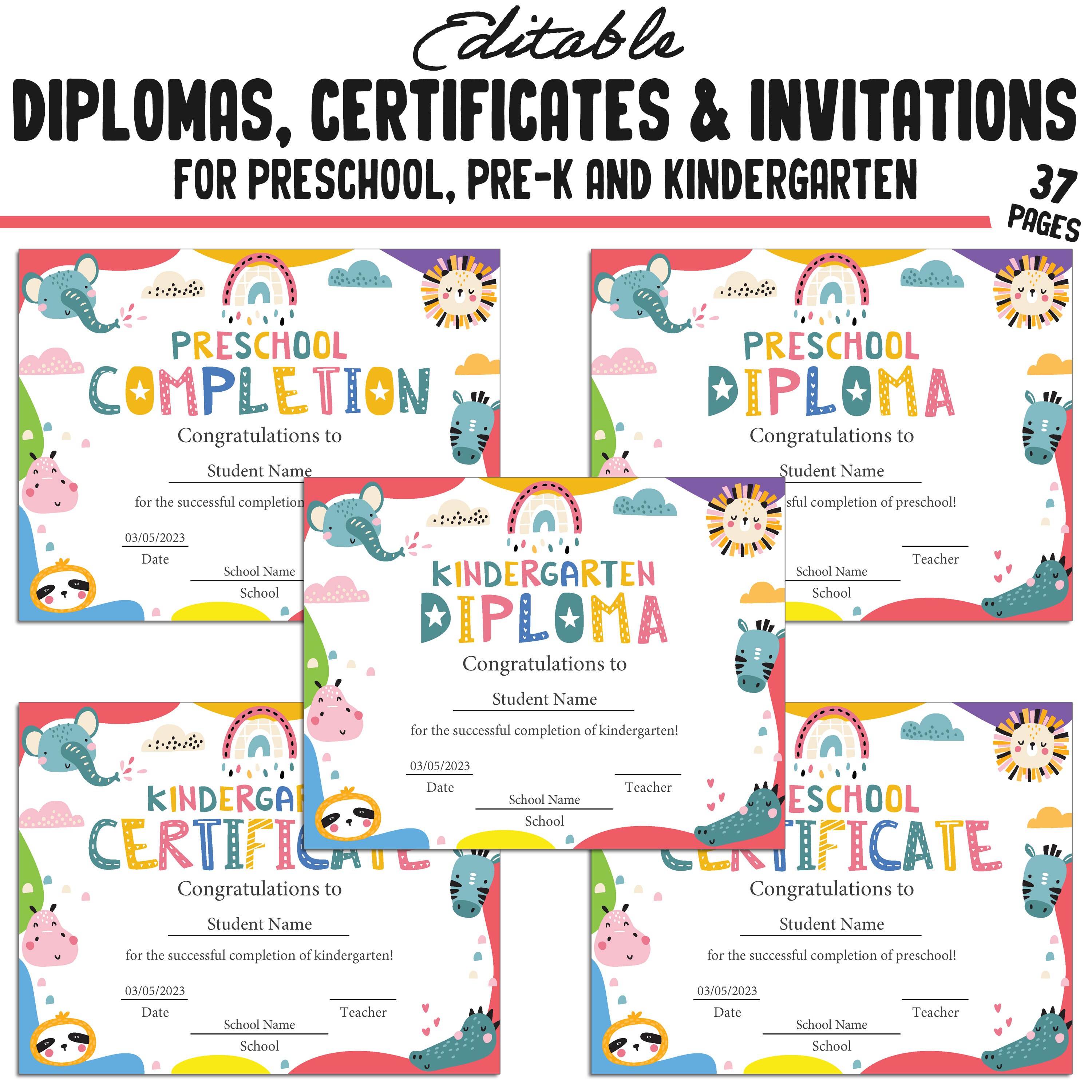 Editable Kindergarten, Pre-k, and Preschool Completion Certificates ...