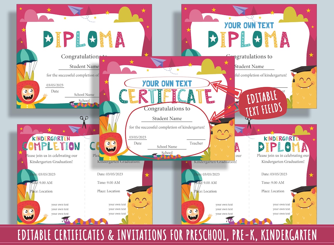 Colorful Pre-k Diploma Certificate and Invitation Templates - Etsy