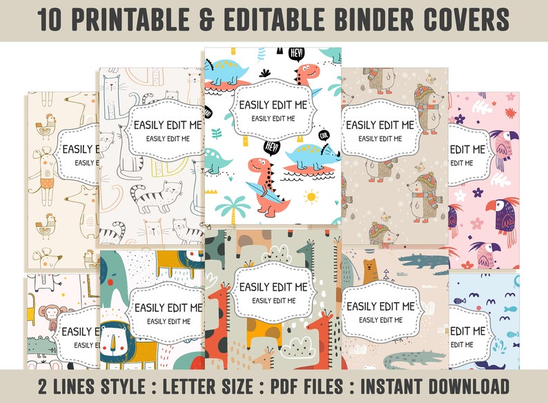 Animal Binder Covers, 10 Printable/editable Binder Covers & Spines ...
