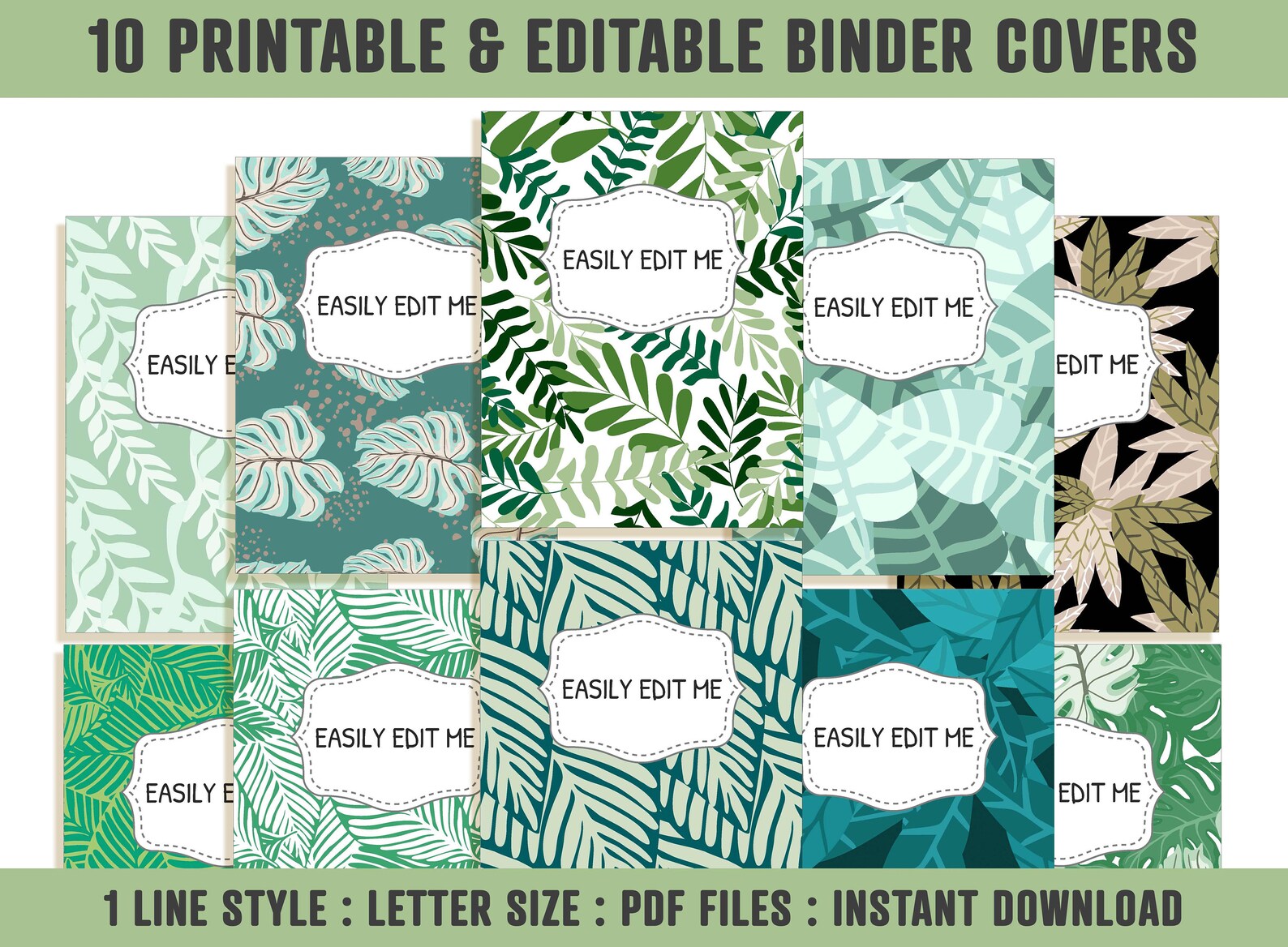 Tropical Leaves Binder Cover, 10 Printable & Editable Coversspines ...