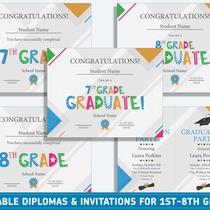 Editable 8th Grade Graduation, 1st to 8th Grade Diploma, Certificate of ...