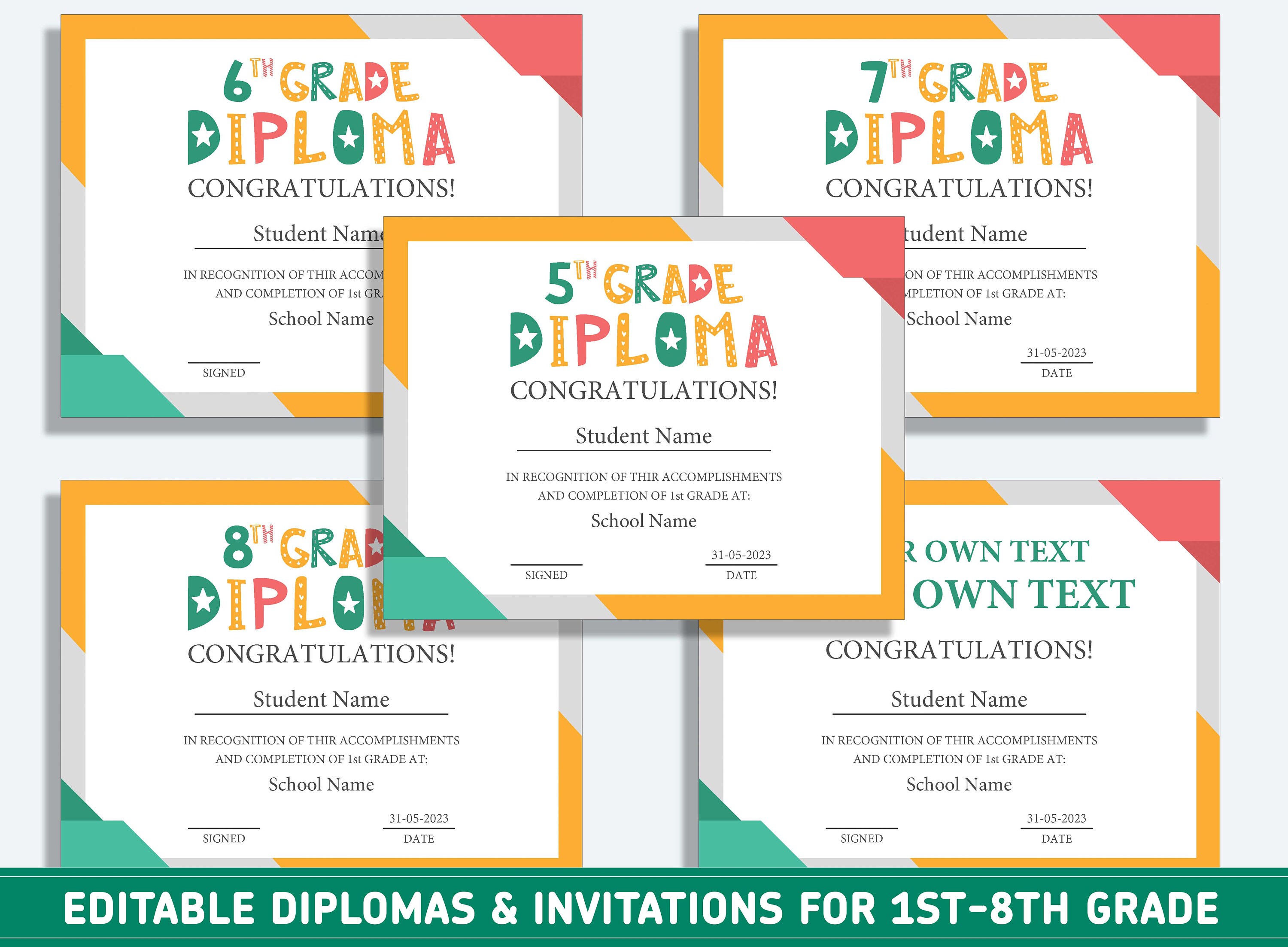Editable 7th Grade Certificate, 1st to 8th Grade Diploma, Certificate ...