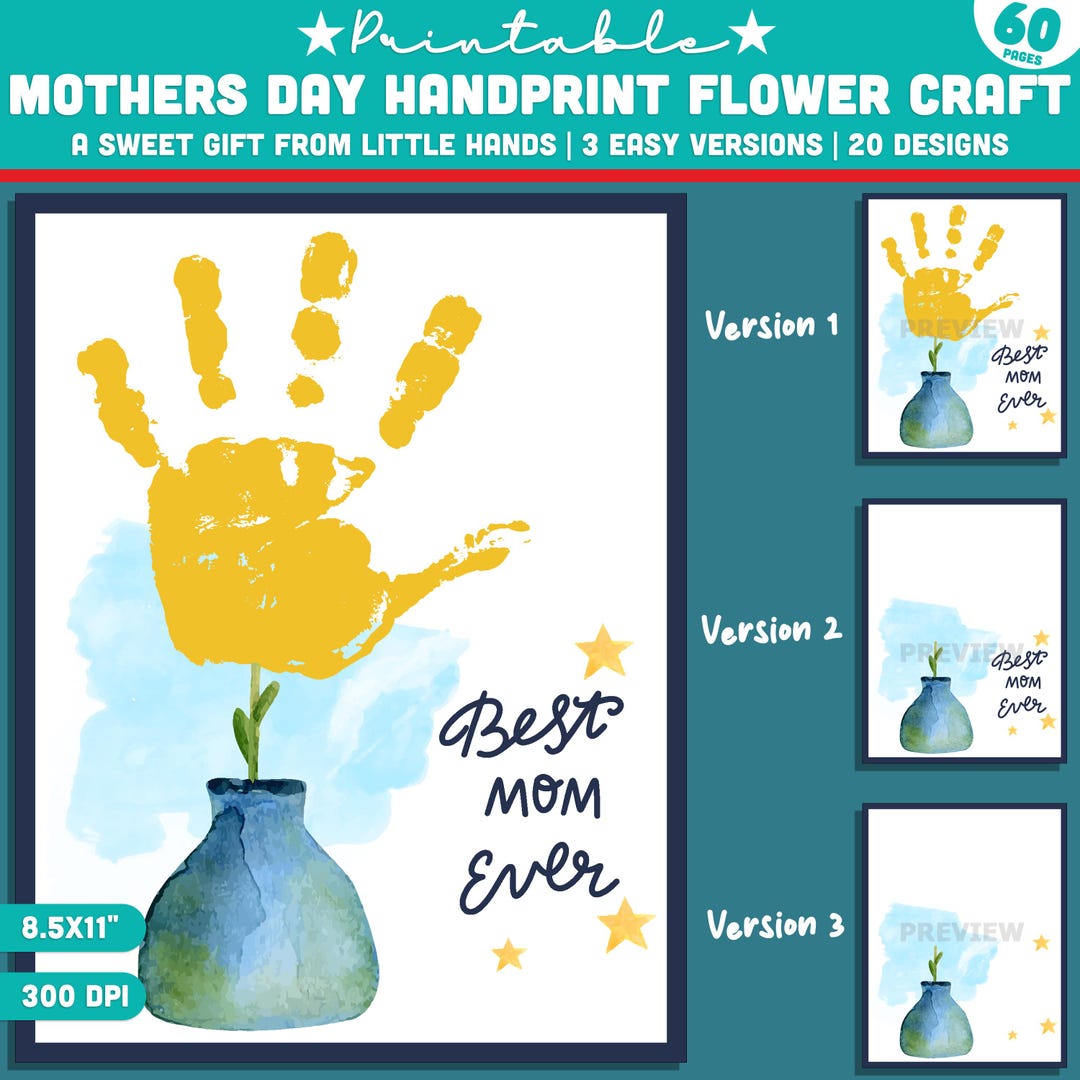 Mother's Day Handprint Flower Craft, Printable Flower Pot and Vase Art ...