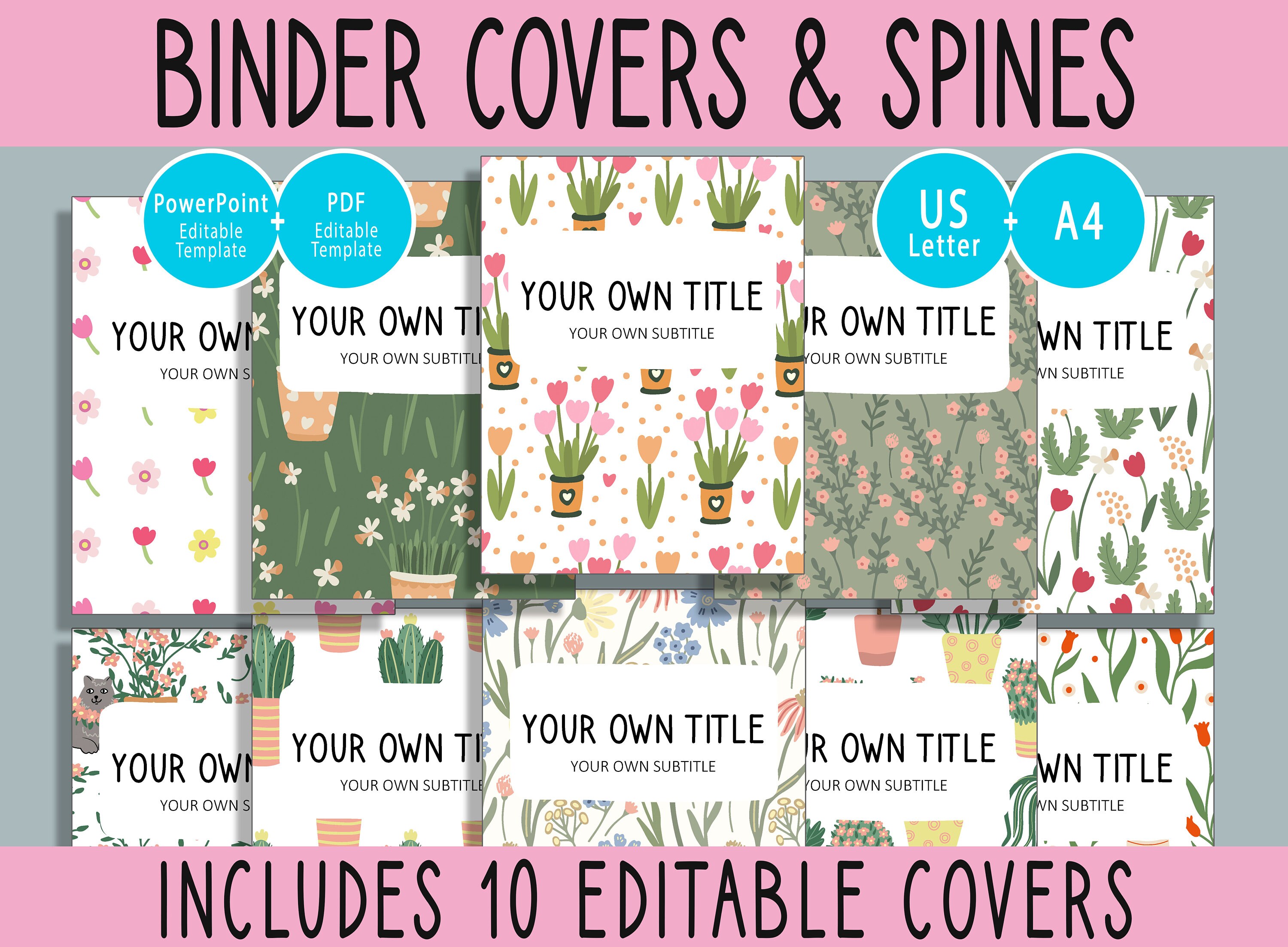 10 Editable Flower Binder Covers, Includes 1, 1.5, 2 Spines, Available ...