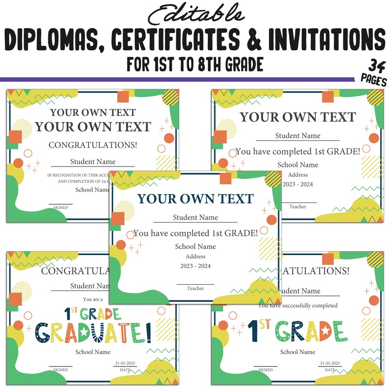 34 Editable First Grade Diplomas, 1st-8th Grade Certificates, Diplomas ...