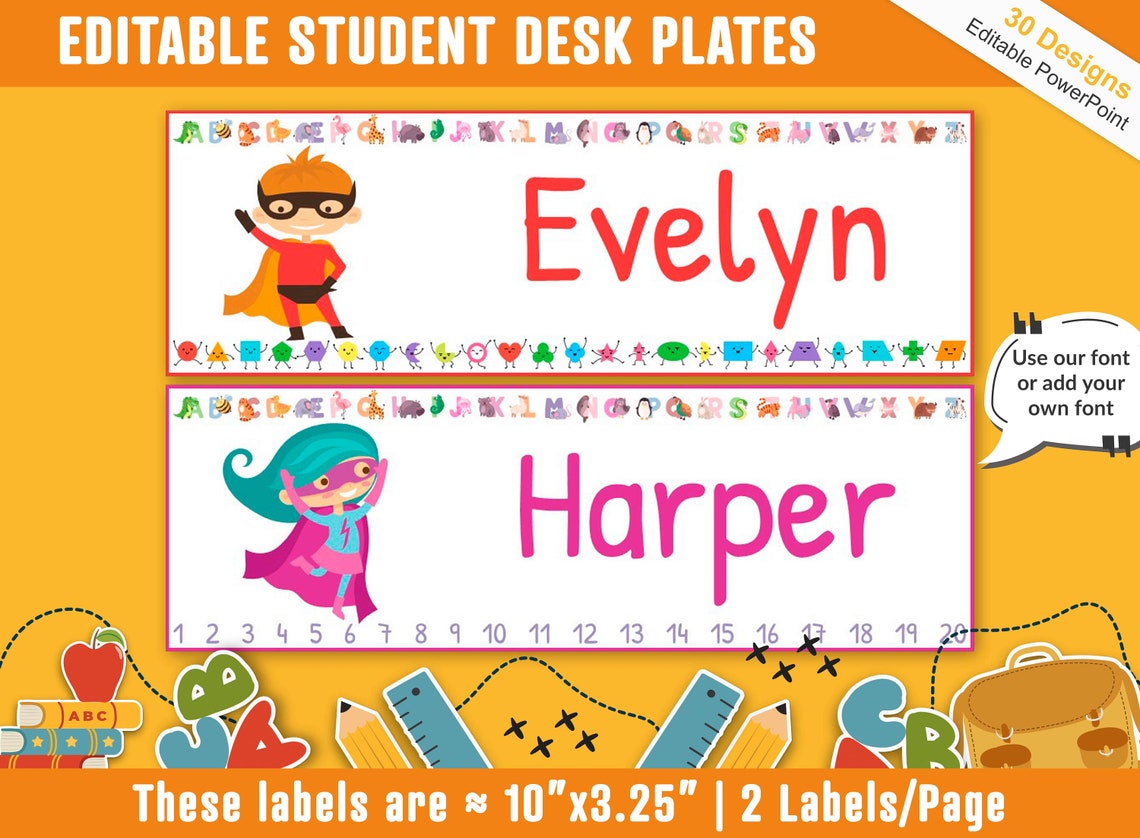 Student Desk Plates, 30 Printable/editable Kids Superheroes Classroom ...