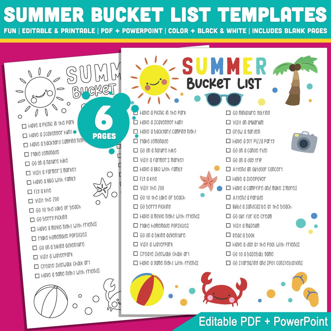 Summer Activity Checklist for Children: Editable Bucket List Templates ...