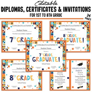 Editable Diplomas for 3rd Grade, Certificates for 1st-8th Grade, and ...