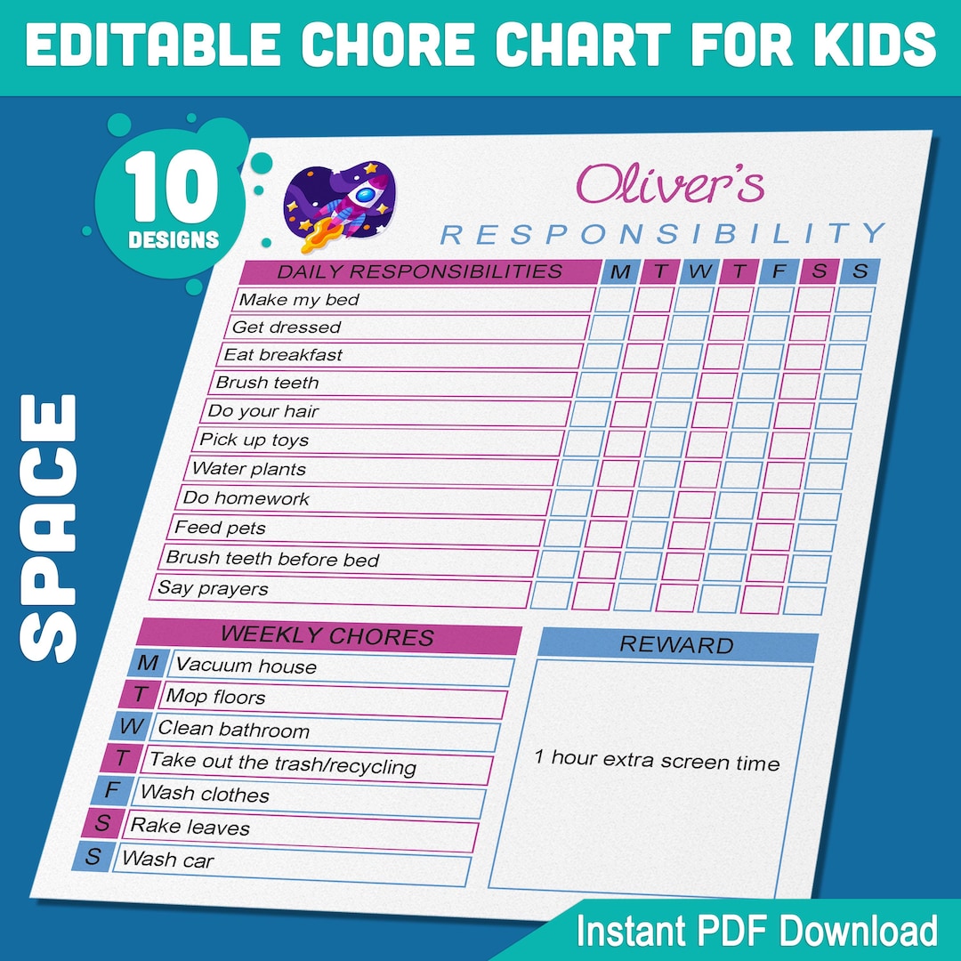 Space-themed Responsibility Chore Chart for Kids: Editable 10-page ...
