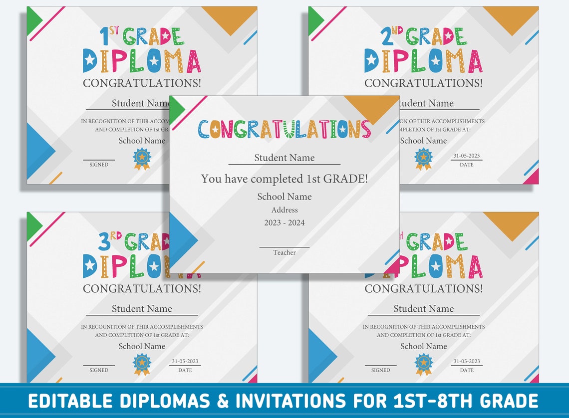 Editable 8th Grade Graduation, 1st to 8th Grade Diploma, Certificate of ...