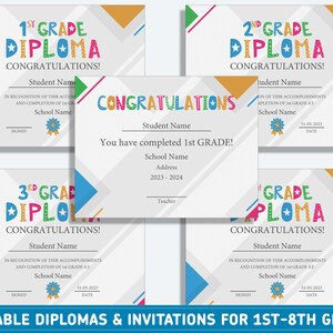 Editable 8th Grade Graduation, 1st to 8th Grade Diploma, Certificate of ...