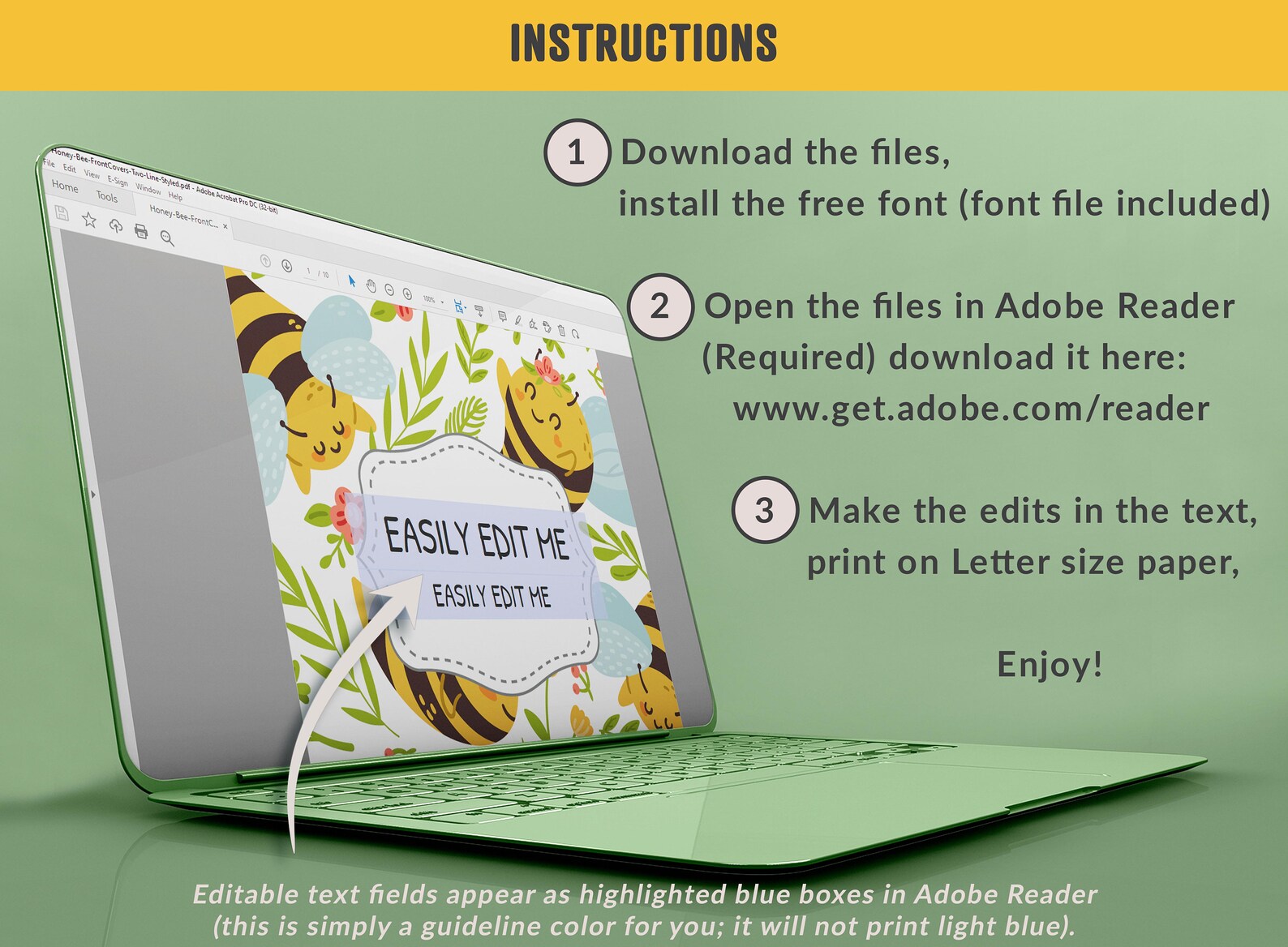 Honey Bee Binder Cover, 10 Printable & Editable Binder Covers Spines ...