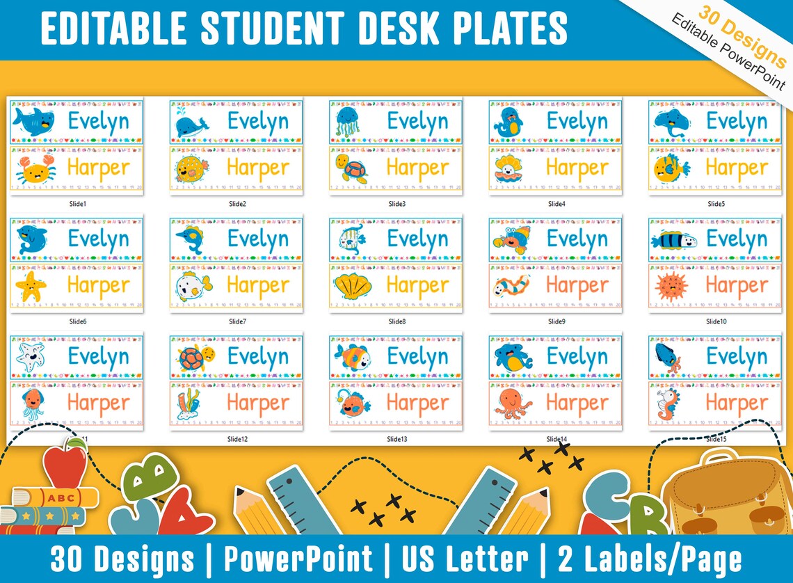 Student Desk Plates, 30 Printable/editable Sea Animals Classroom Name ...