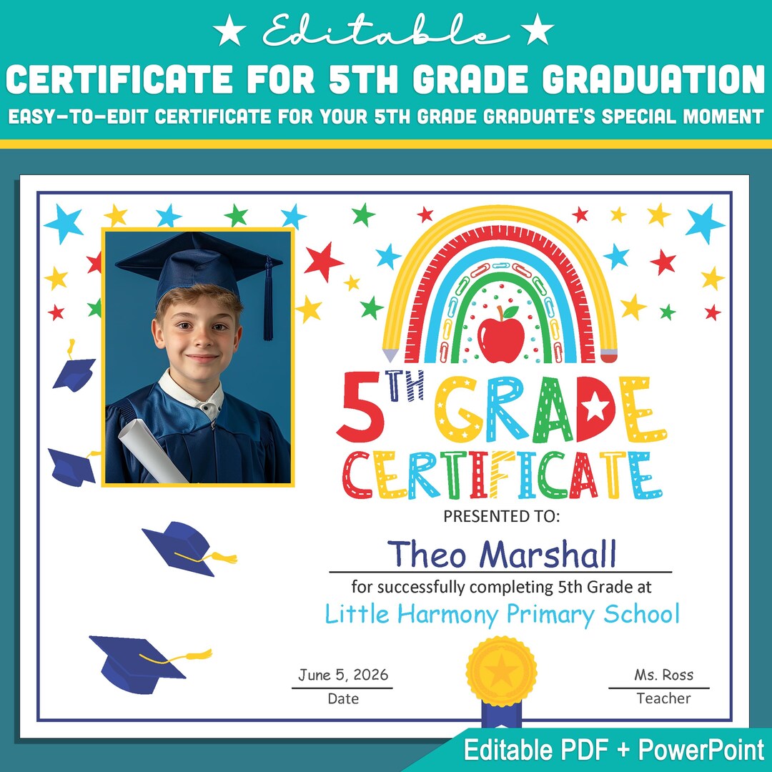 5th Grade Certificate Template With Photo: Letter Size Editable PDF ...