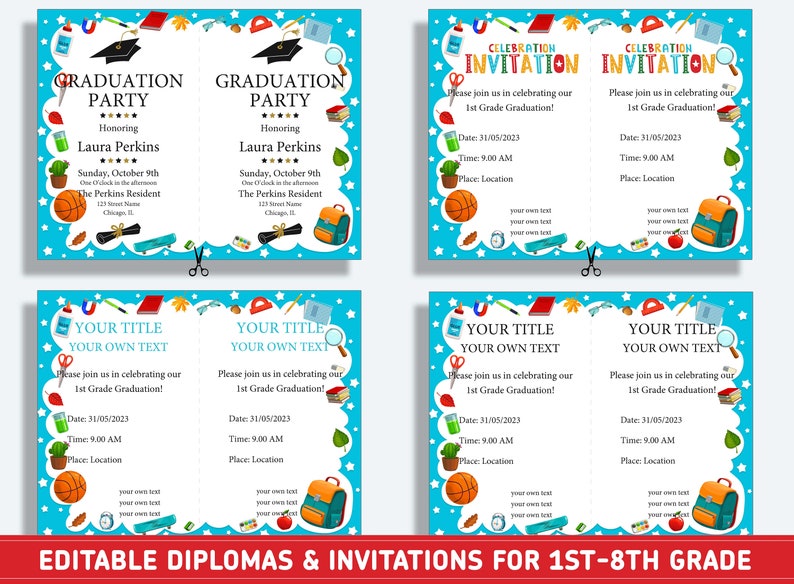 Editable 1st Grade Graduation, 1st to 8th Grade Diploma, Certificate of ...