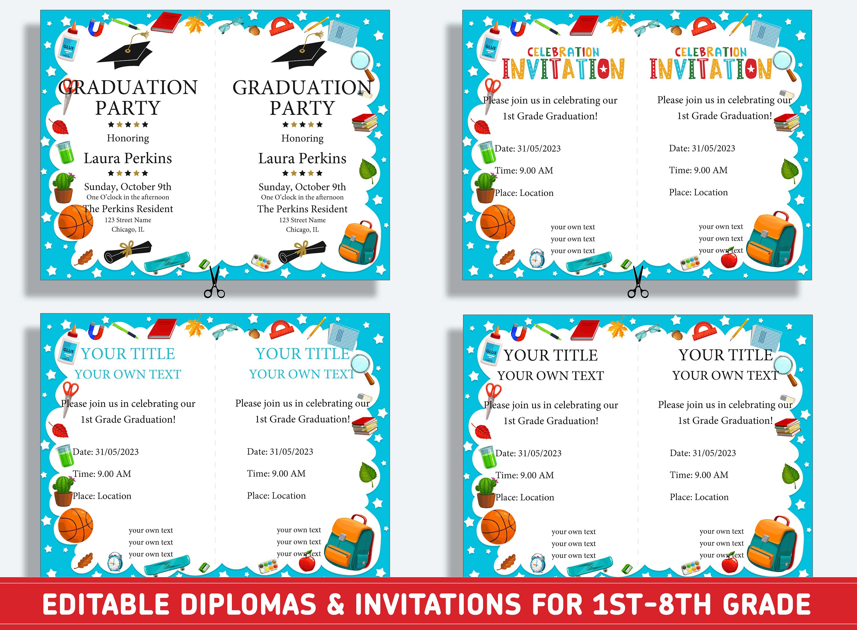 Editable 1st Grade Graduation, 1st to 8th Grade Diploma, Certificate of ...