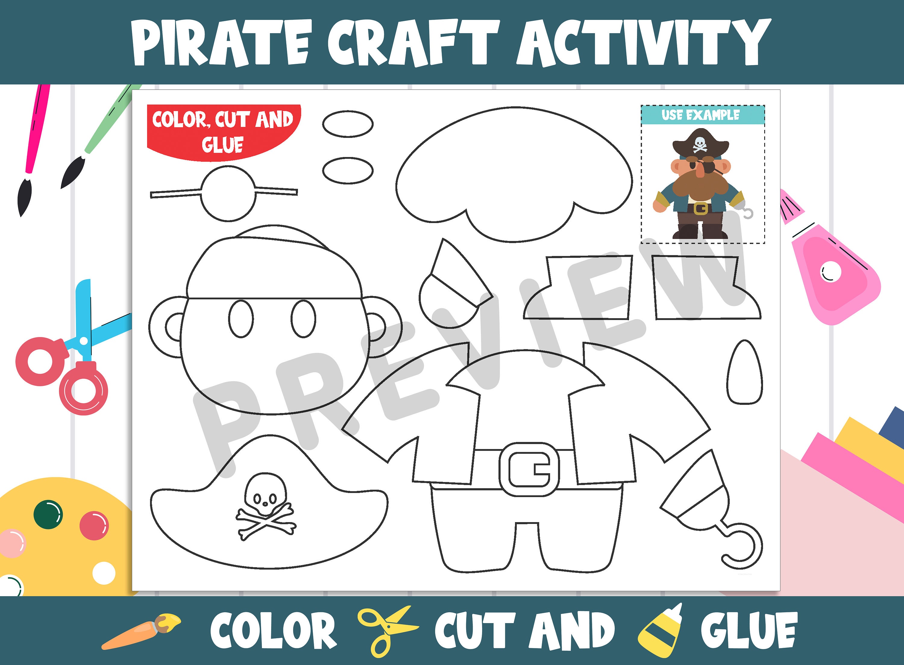 Pirate Craft Activity Color, Cut, and Glue for Prek to 2nd Grade, PDF ...