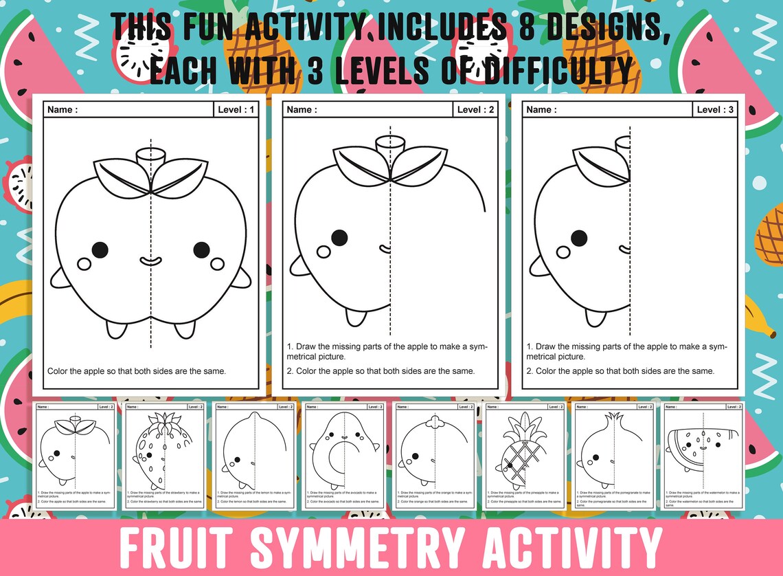 Fruit Symmetry Worksheet Fruit Theme Lines of Symmetry - Etsy