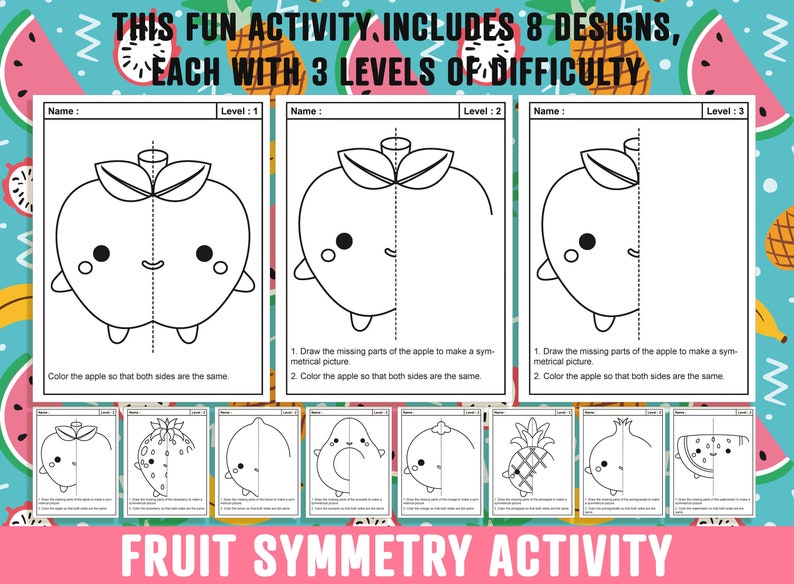 Fruit Symmetry Worksheet Fruit Theme Lines of Symmetry - Etsy