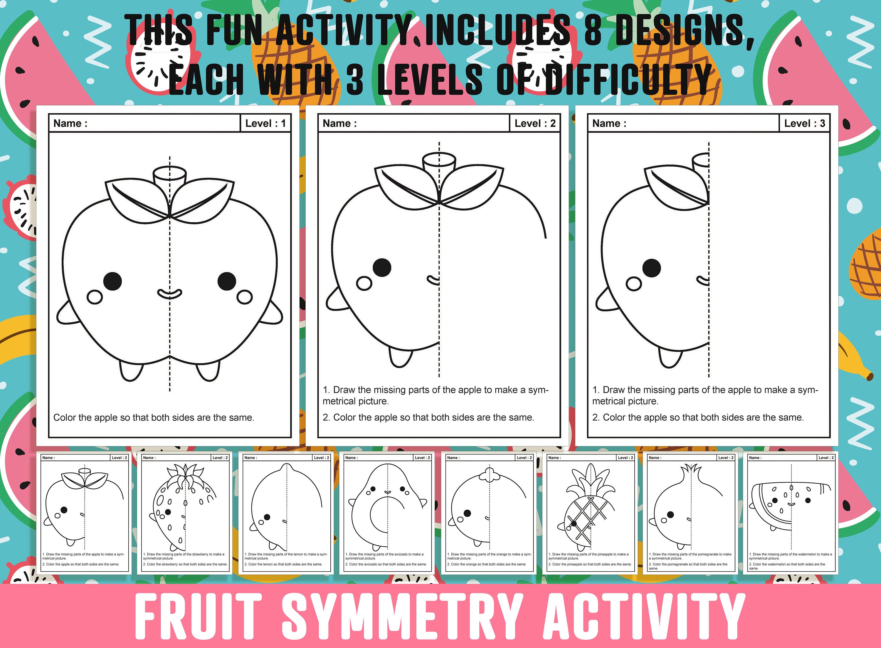Fruit Symmetry Worksheet Fruit Theme Lines of Symmetry - Etsy
