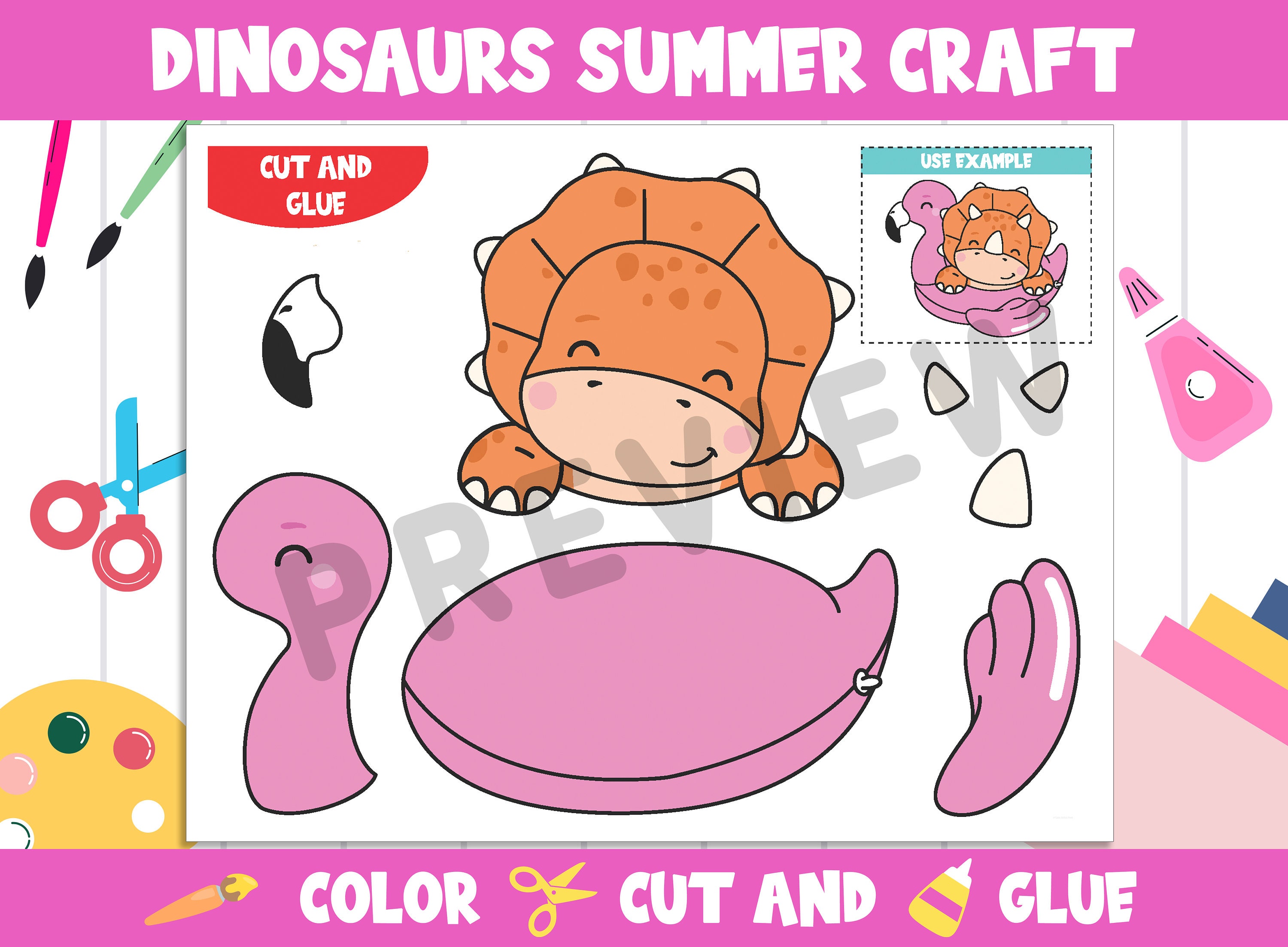Dinosaurs Summer Craft Activity for Kids : Color, Cut, and Glue for ...