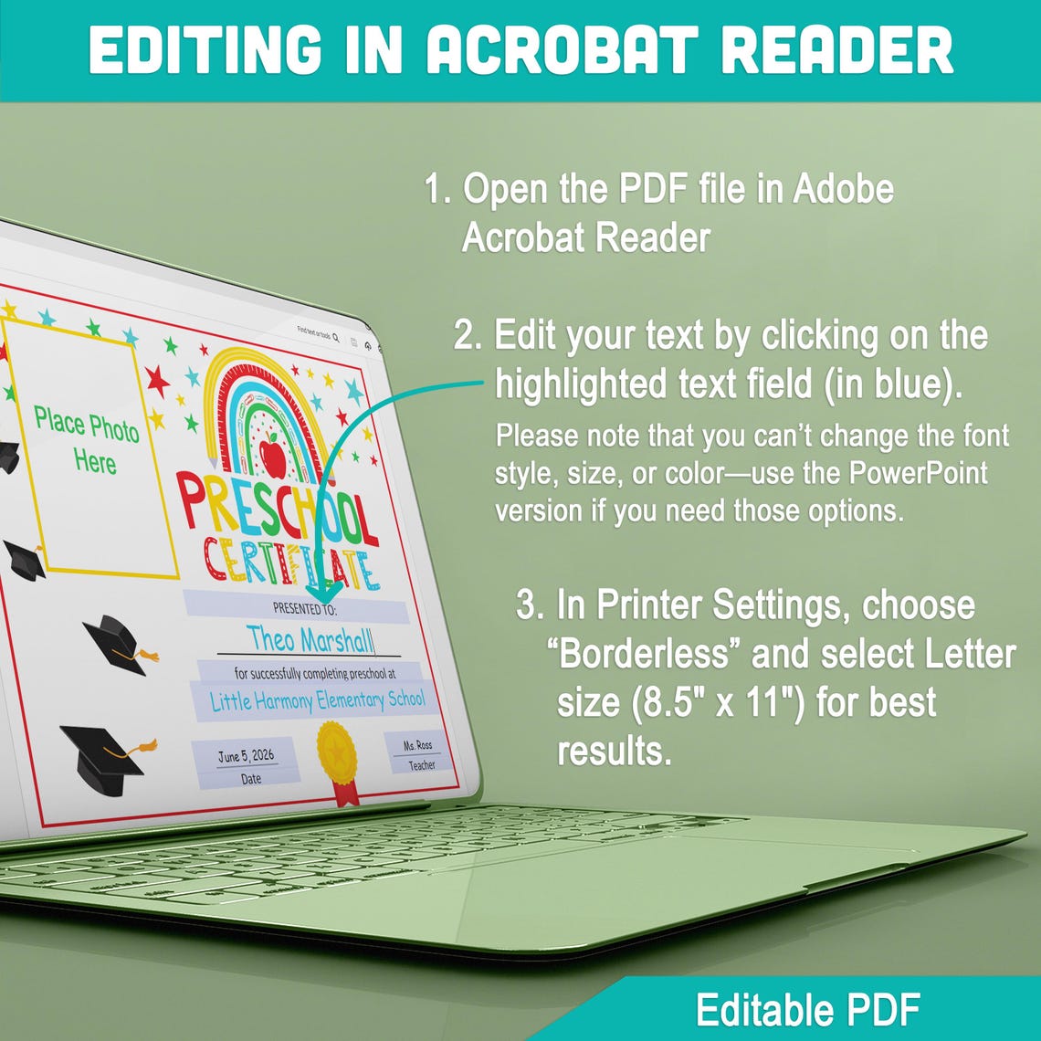 Editable Preschool Certificate With Photo, Graduation Diploma Template ...