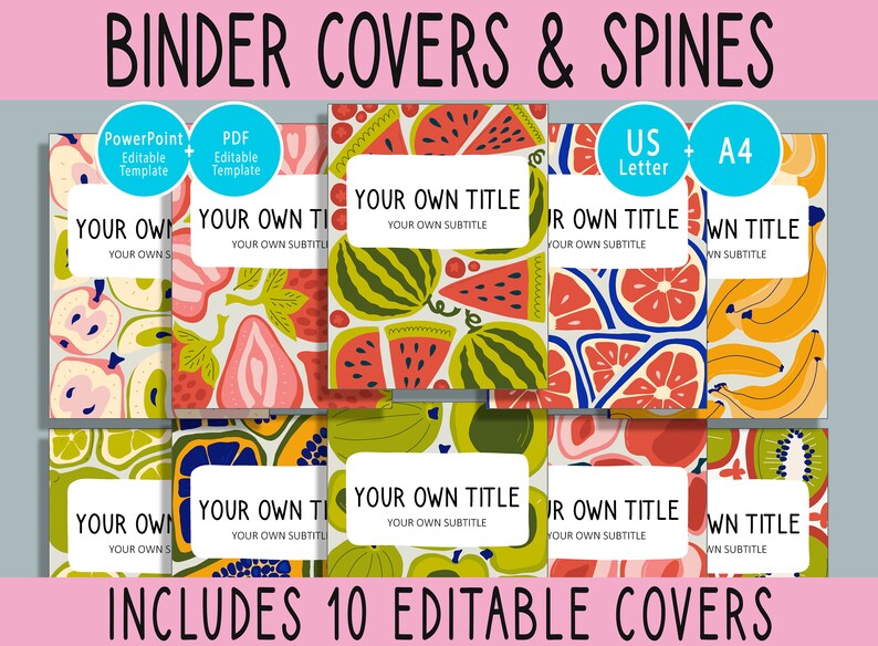 10 Editable Abstract Fruits Binder Covers, Includes 1, 1.5, 2" Spines ...
