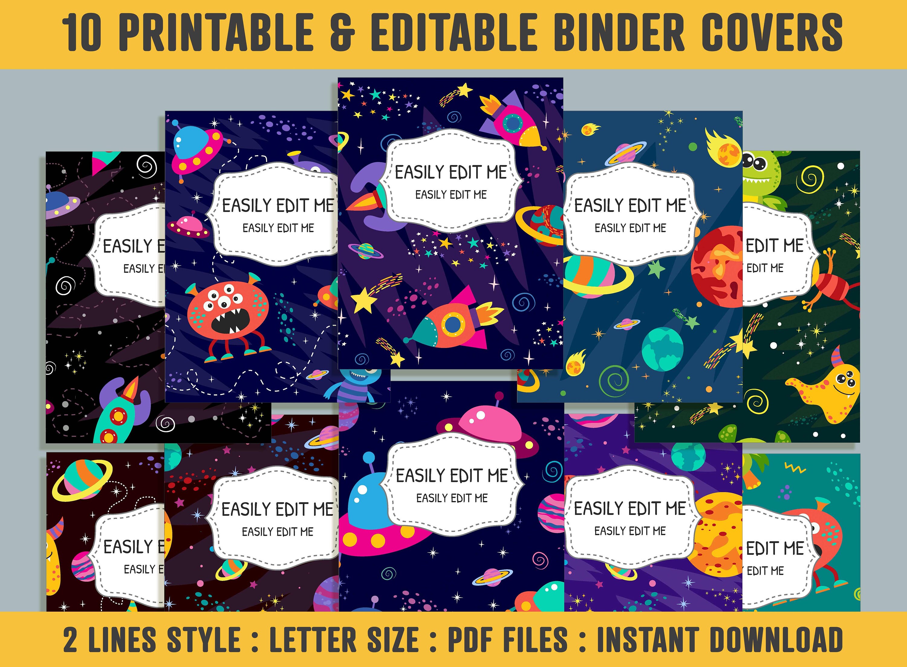 Space, Planets, Rockets, Aliens Binder Cover, 10 Printable & Editable ...