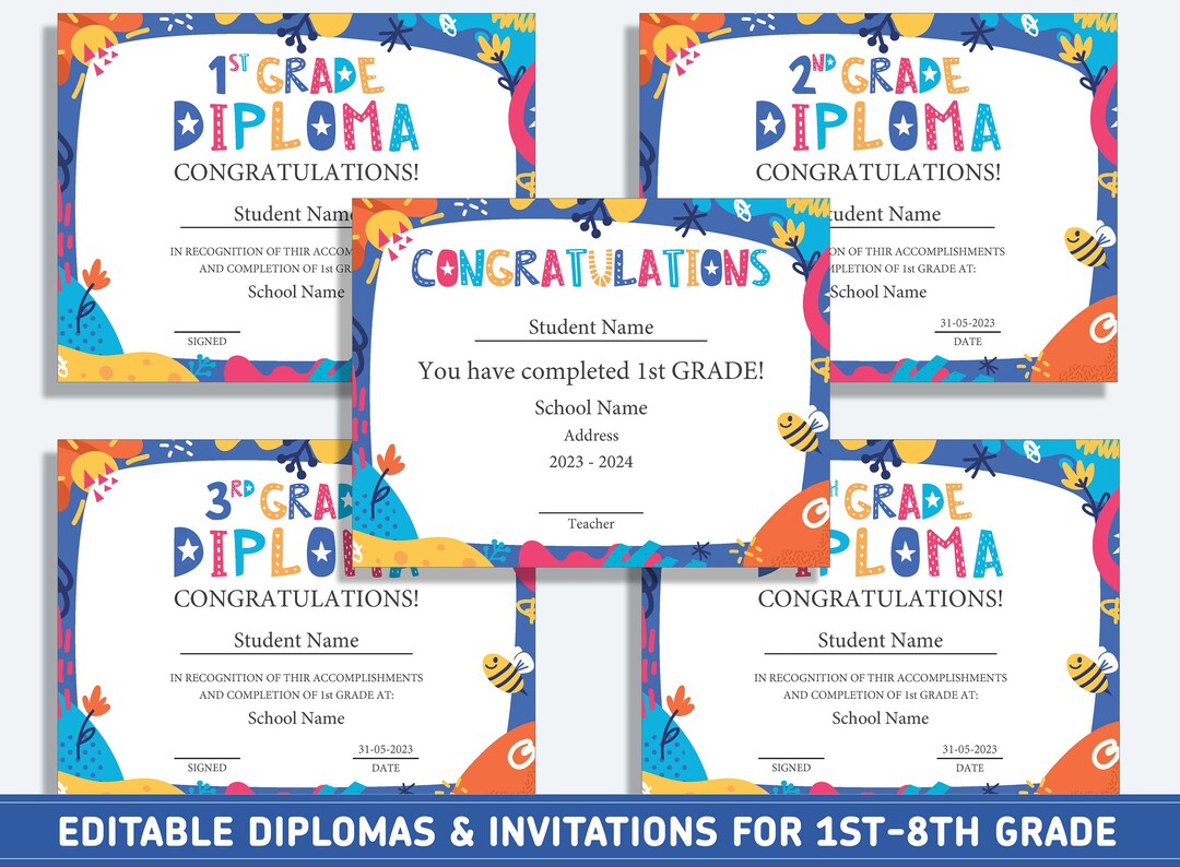 Editable First Grade Certificate, 1st to 8th Grade Diploma, Certificate ...