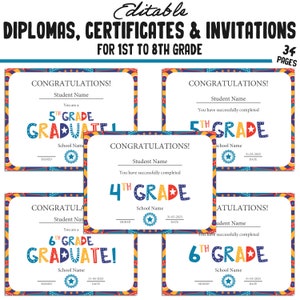 Editable 7th Grade Diplomas, 1st-8th Grade Certificates, and Invitation ...