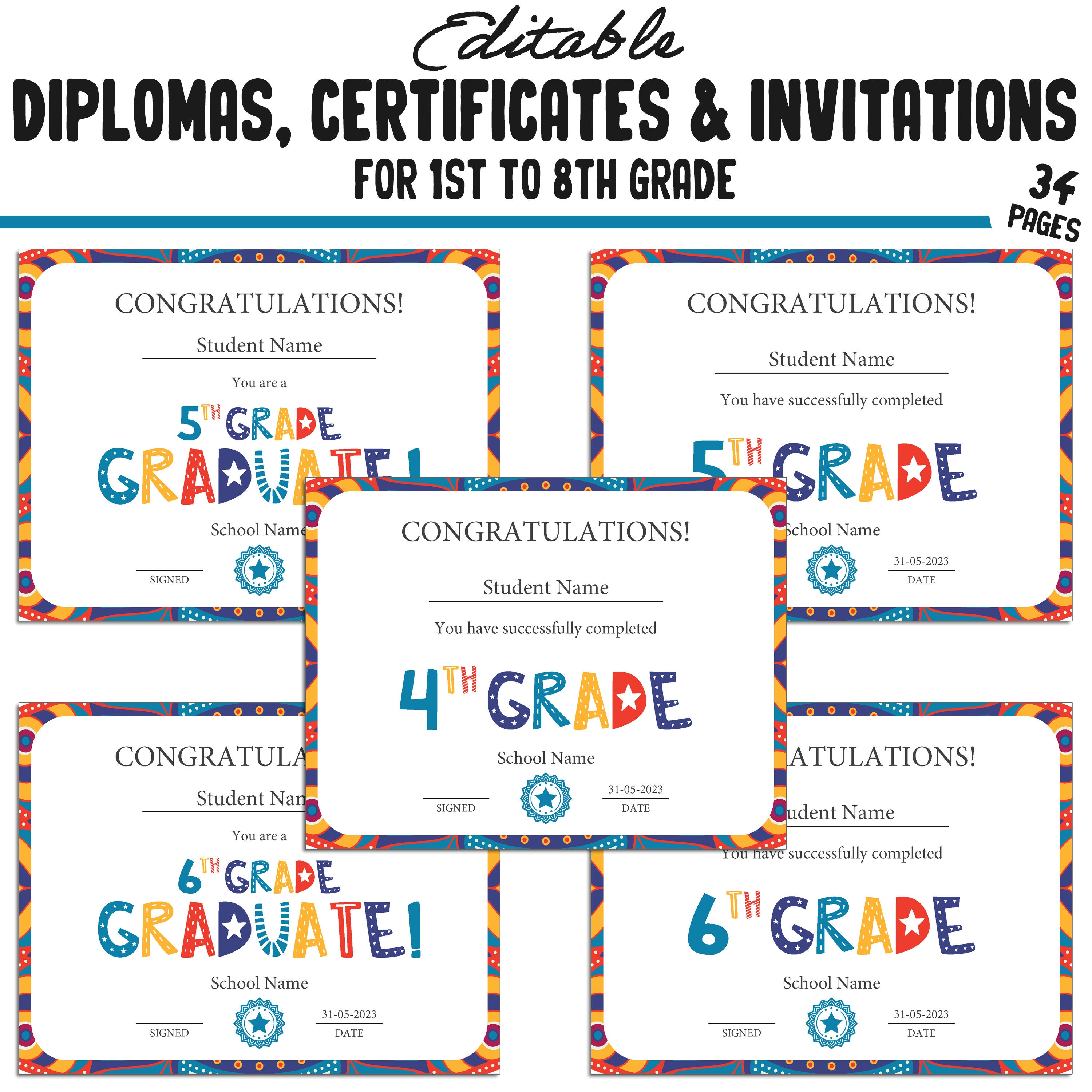 Editable 7th Grade Diplomas, 1st-8th Grade Certificates, and Invitation ...