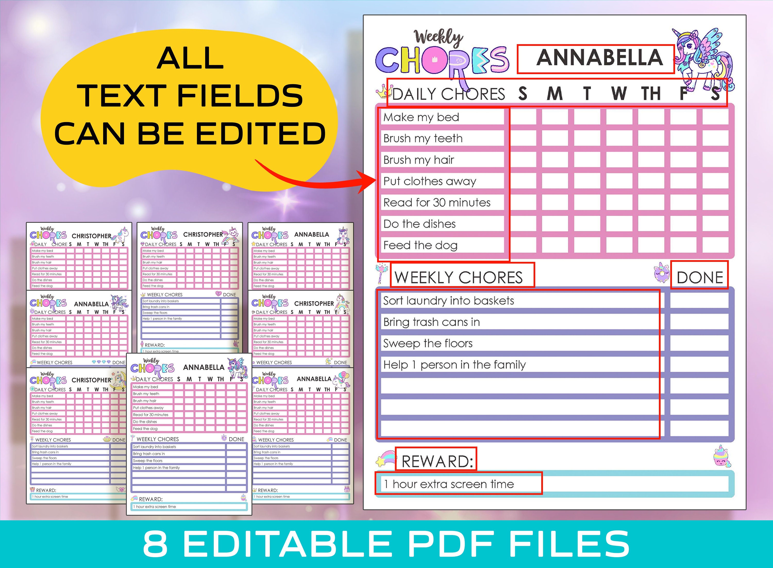Unicorn Chore Chart for Kids - Printable and Editable, Encourage ...