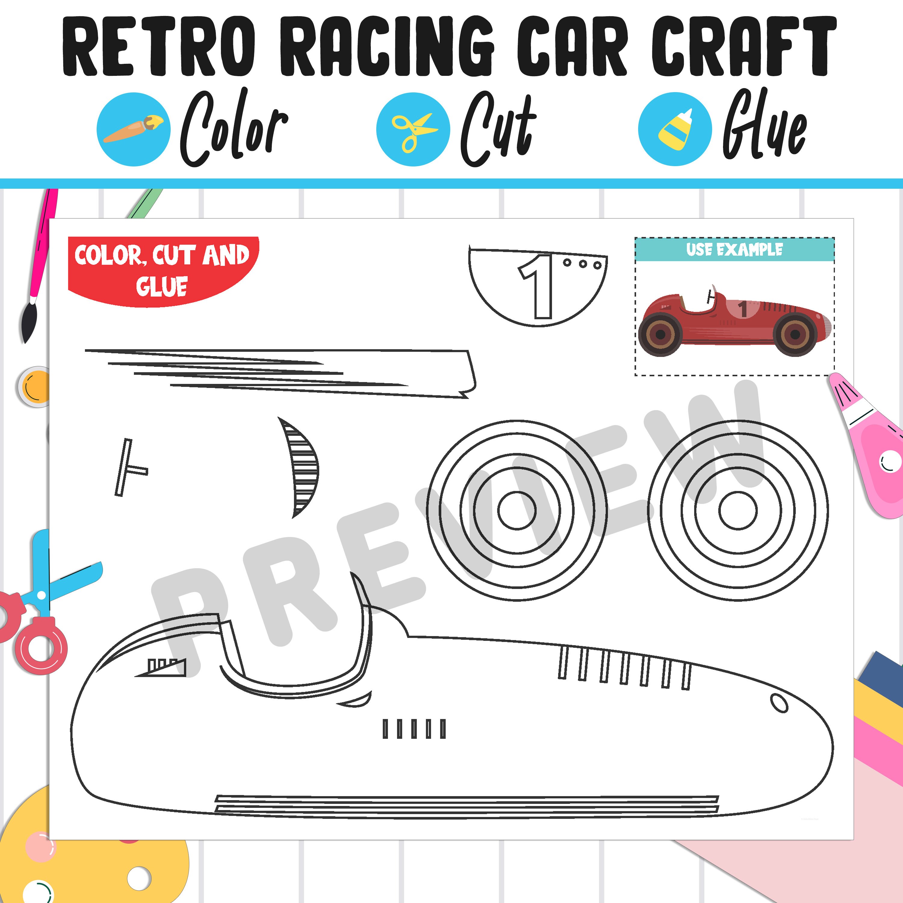 Retro Racing Car Craft Activity Color, Cut, and Glue for Prek to 2nd ...