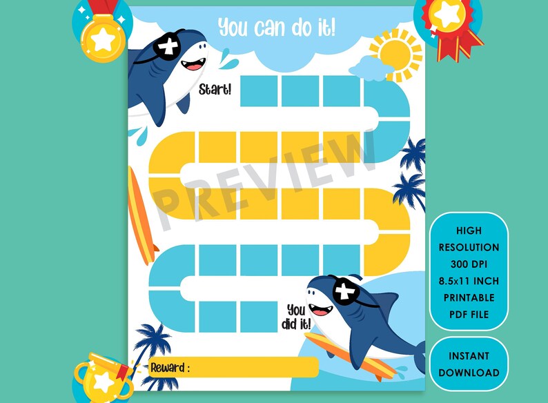 Printable Cool Shark Summer Reward Chart for Kids: Fun Summer Theme, 2 ...